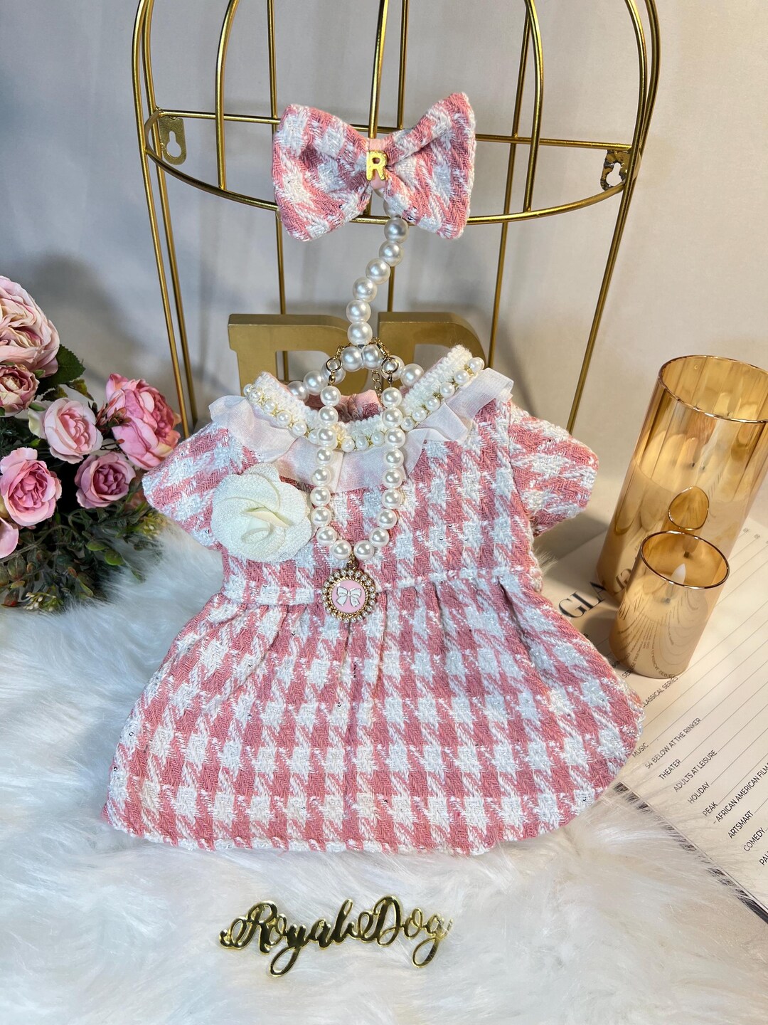 Personalized Pink Tweed Pet Dress With Necklace & Clip - Stylish Dog ...
