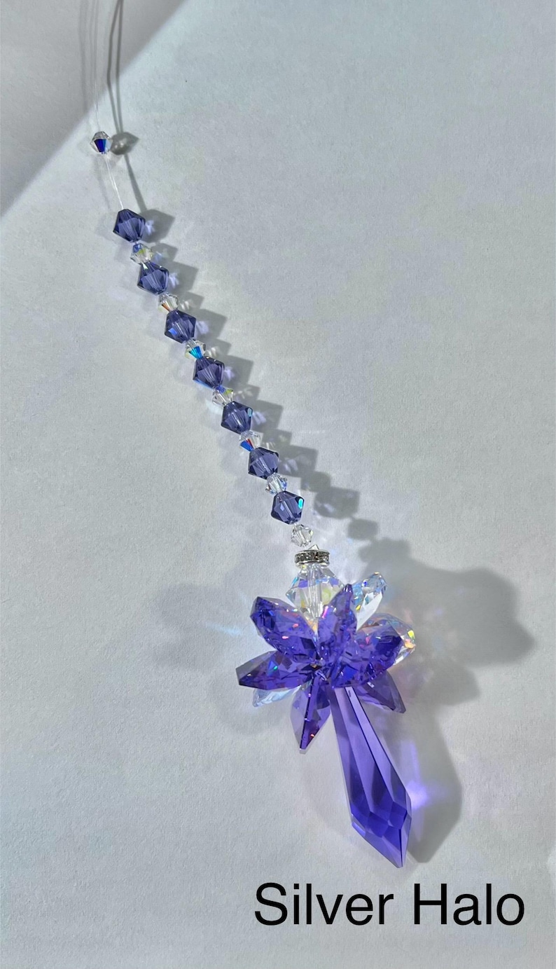 Gold or Silver Halo, Swarovski Crystal 10 Bead Wing Span, Guardian Angel Suncatcher, Purple ...