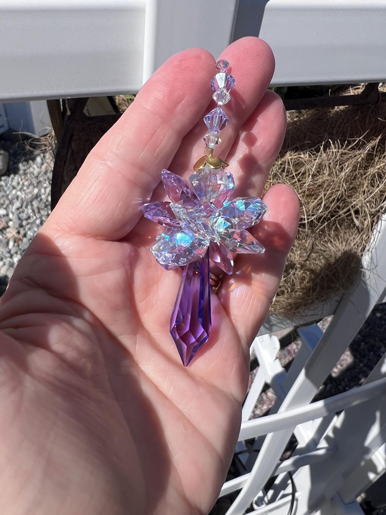 Gold or Silver Halo, Swarovski Crystal 10 Bead Wing Span, Guardian Angel Suncatcher, Purple ...
