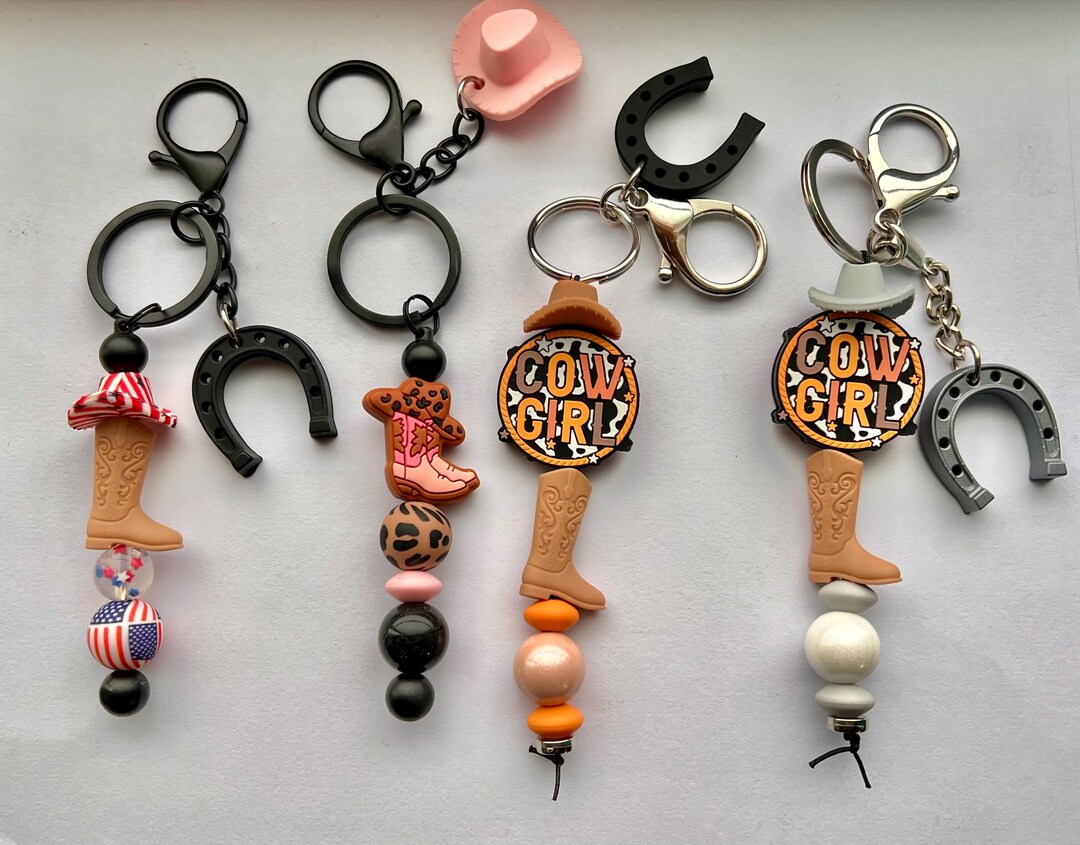 Cowgirl Boot and Hat Keychain, Western Charm, Silicone Beaded Stocking ...