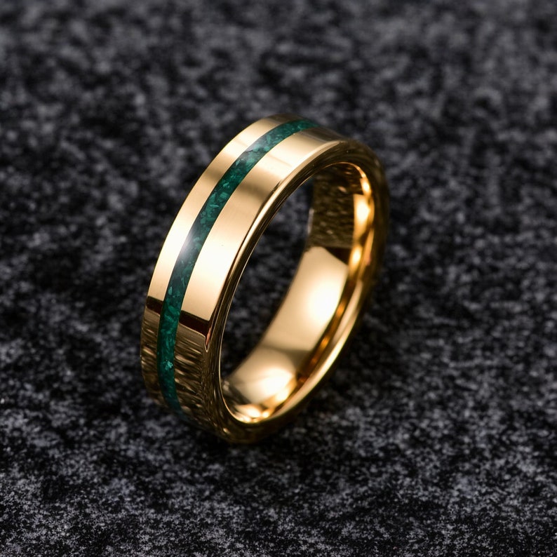Gold Polished Malachite Tungsten Carbide Ring Men's Wedding Band, Green ...