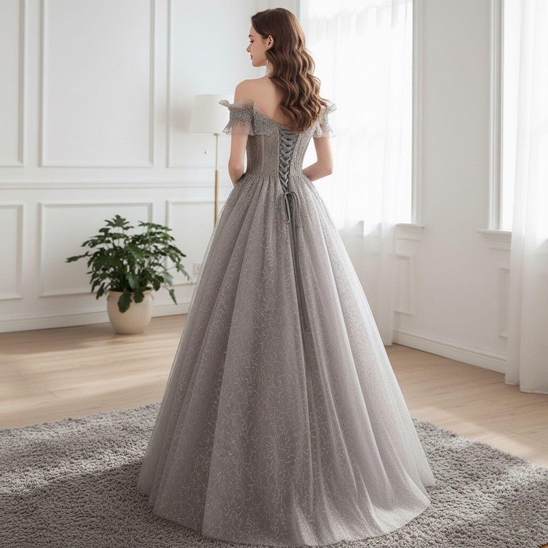 Fairy Gray Tulle Sequins Long Prom Dress,a-line off the Shoulder ...