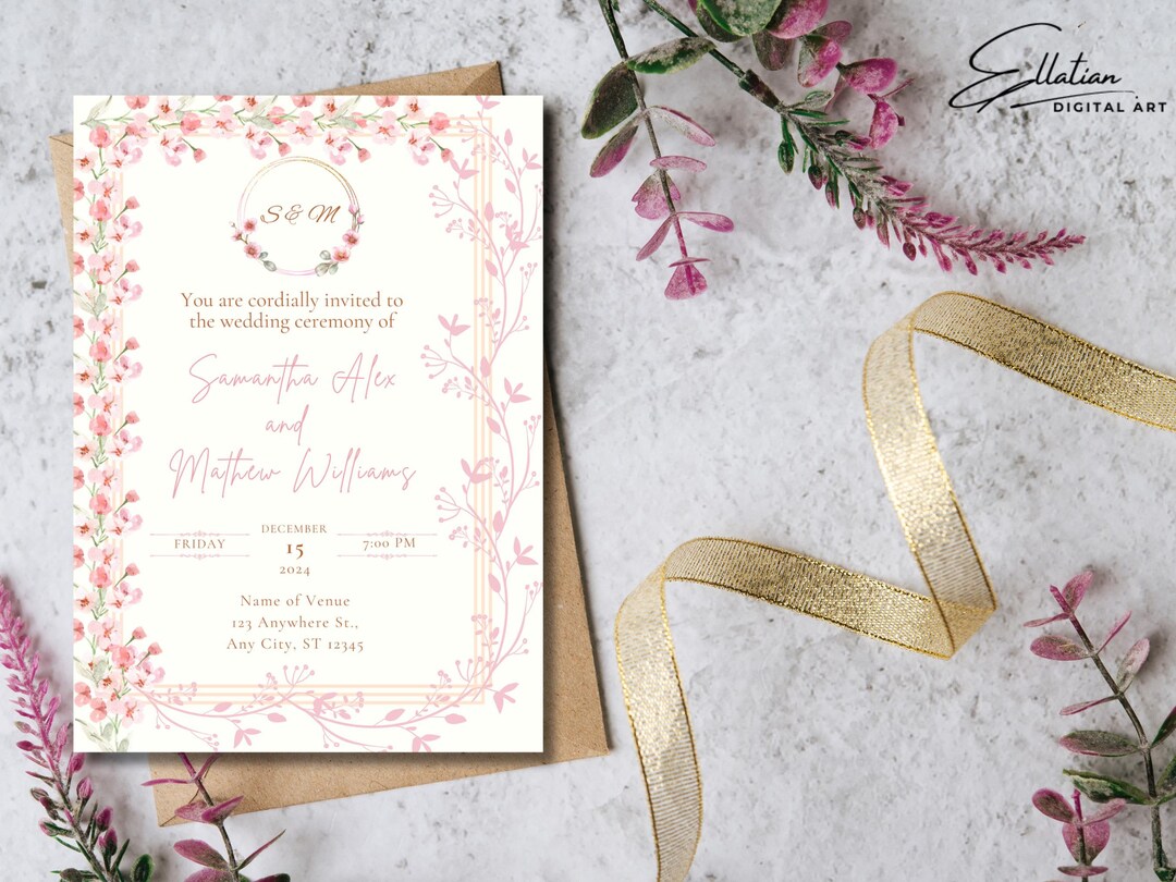 Elegant Pink Floral Design Wedding Invitation, Vine Flower Wedding ...