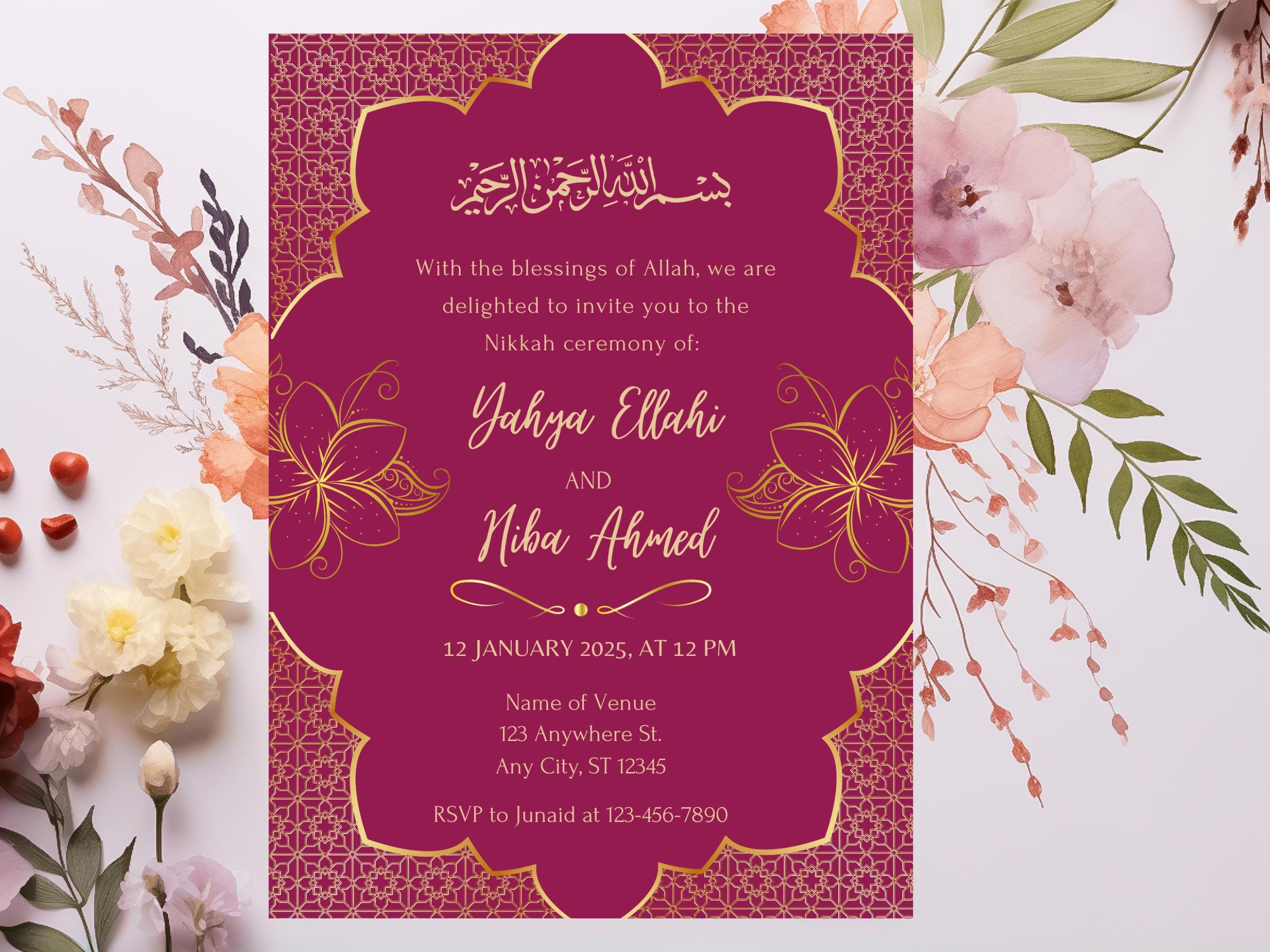 Editable Islamic Wedding Invitation Burgundy and Golden, Muslim Digital ...