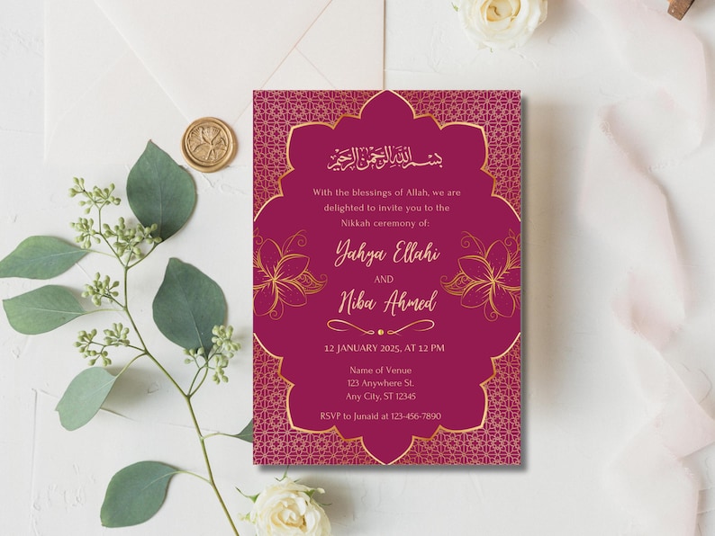 Editable Islamic Wedding Invitation Burgundy and Golden, Muslim Digital ...