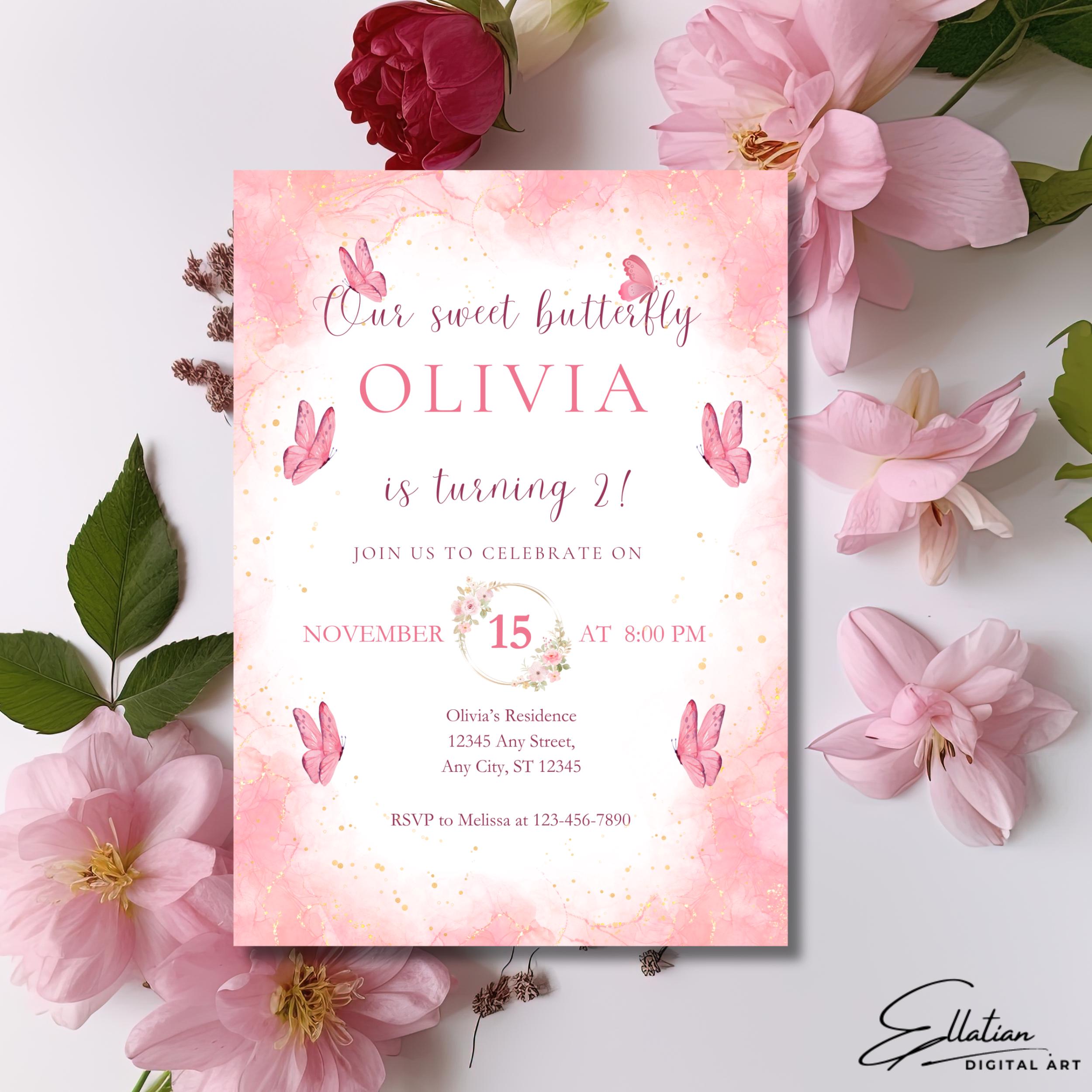 Pink Butterfly Birthday Invitation, Butterfly Birthday Girl Pink ...