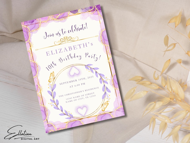 Purple Theme Birthday Party, Birthday Girl Invitation Template, Purple ...