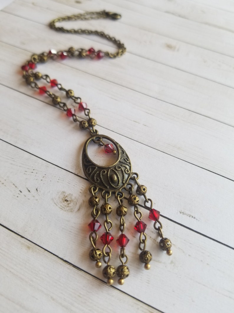 Victorian Style Brass Red Pendant Necklace With Austrian Crystal for ...