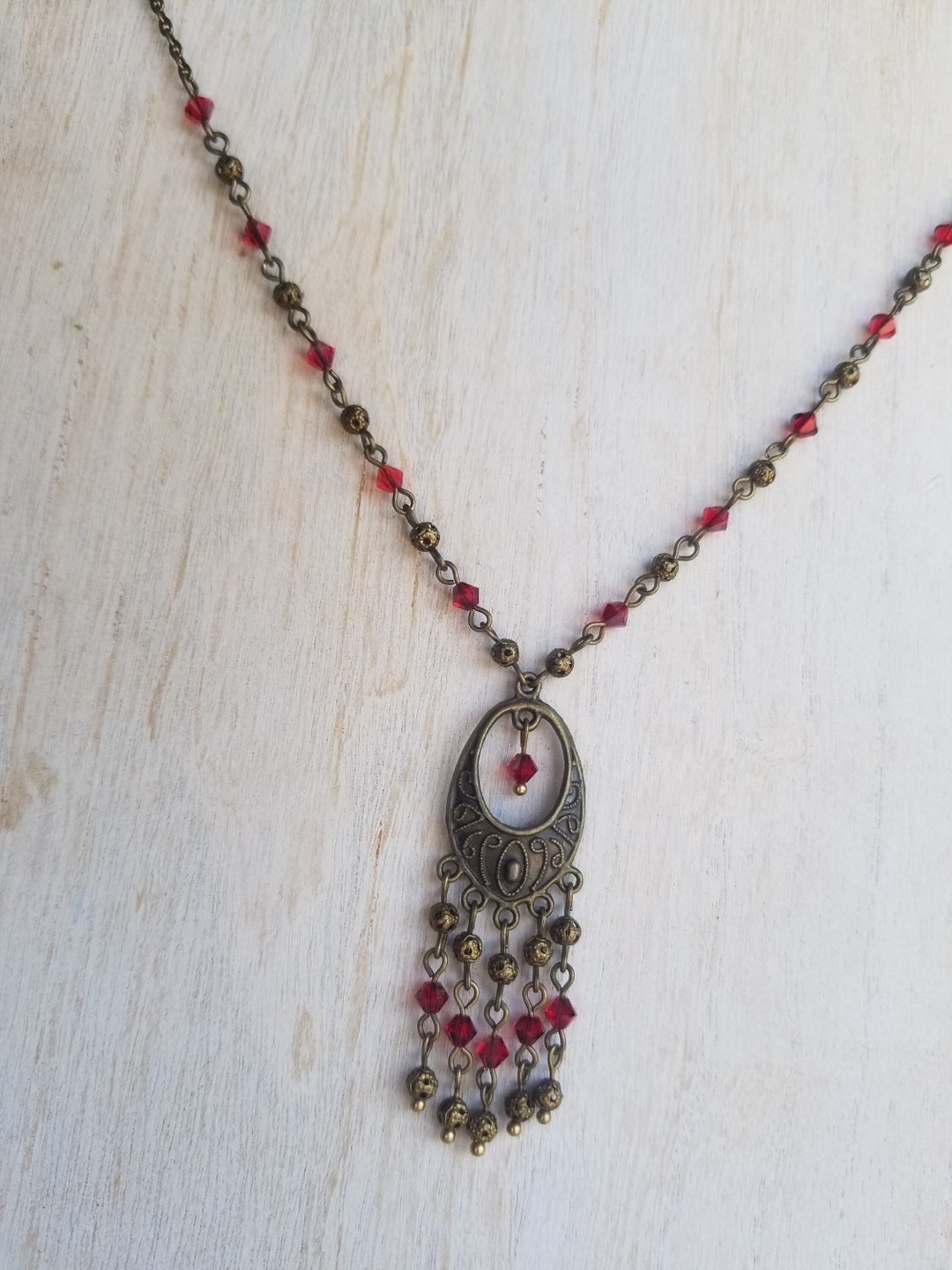 Victorian Style Brass Red Pendant Necklace With Austrian Crystal for ...