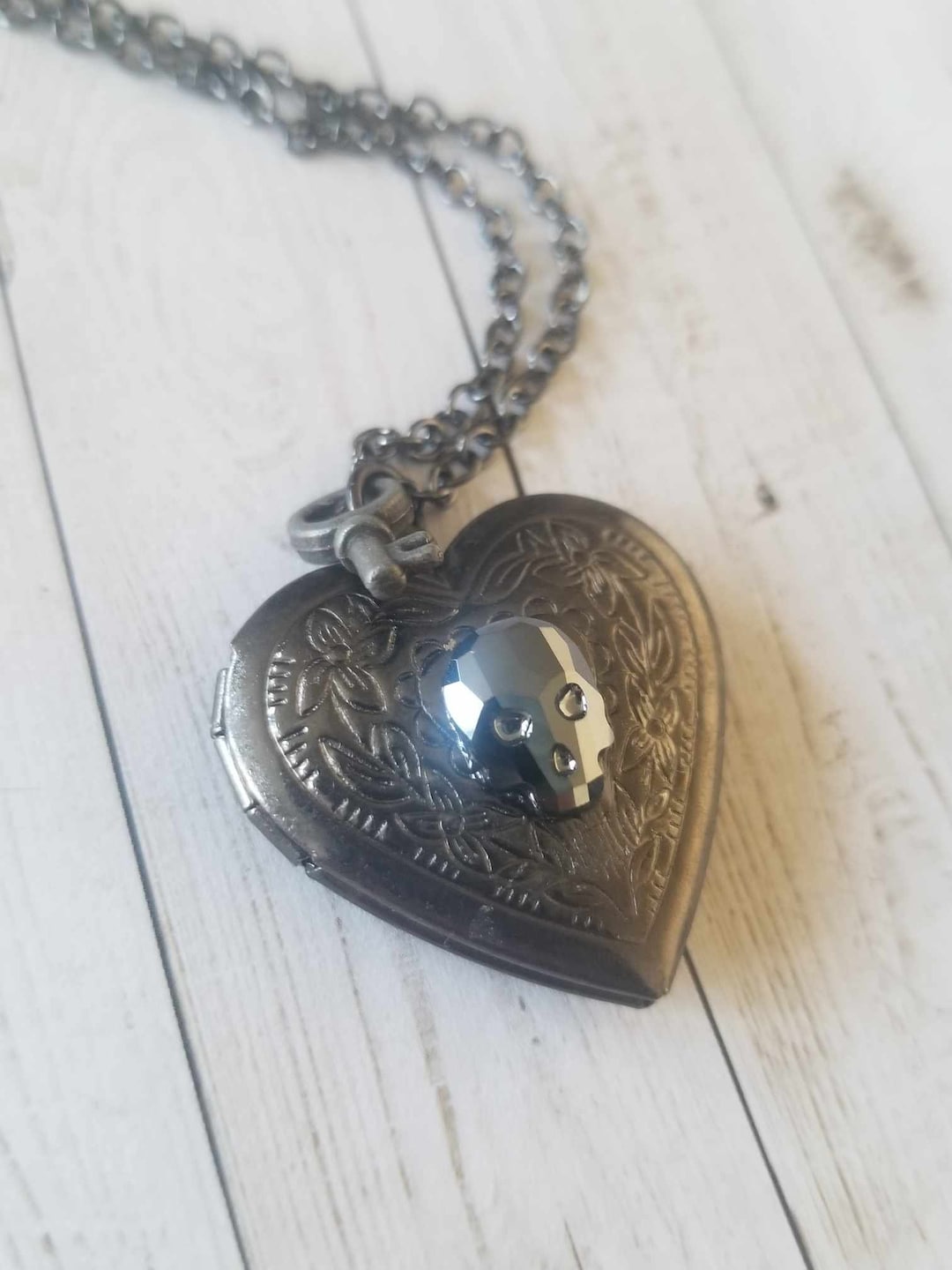 Gunmetal Locket, Heart Locket, Austrian Crystal, Crystal Skull, Skull ...