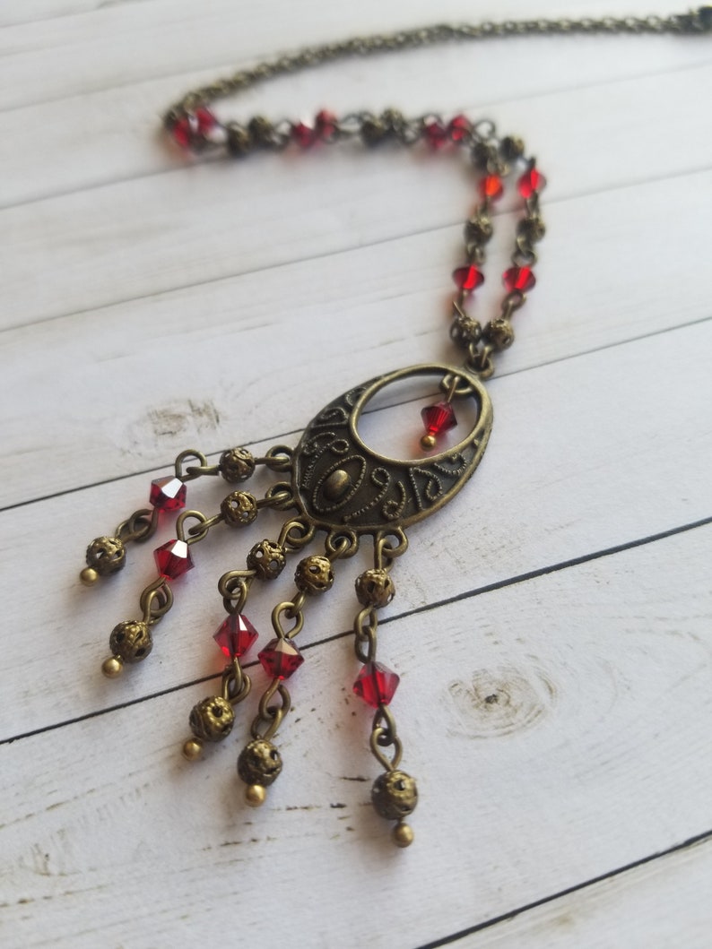 Victorian Style Brass Red Pendant Necklace With Austrian Crystal for ...