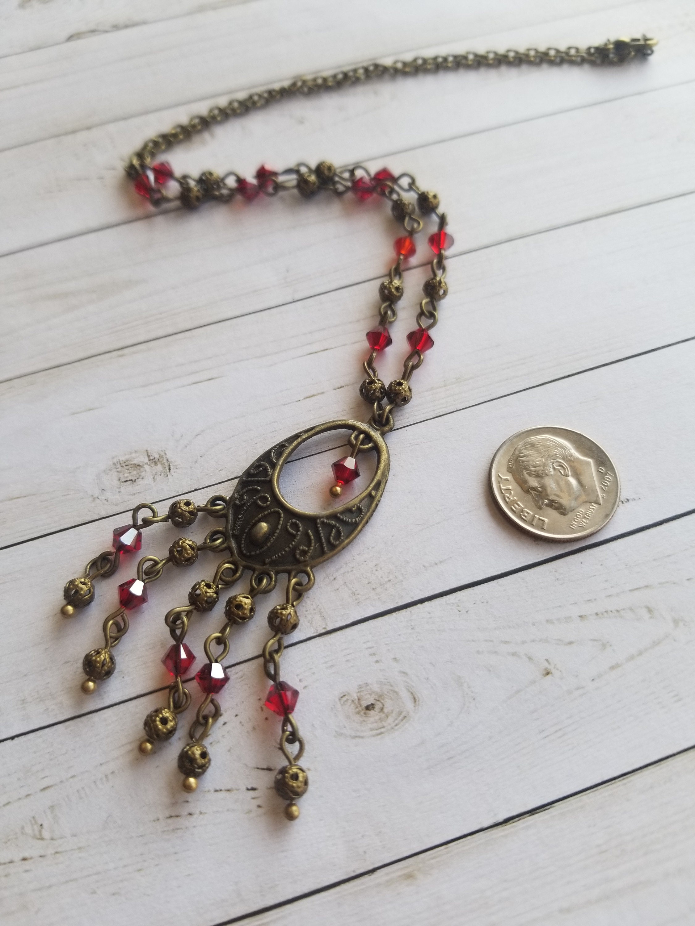 Victorian Style Brass Red Pendant Necklace With Austrian Crystal for ...