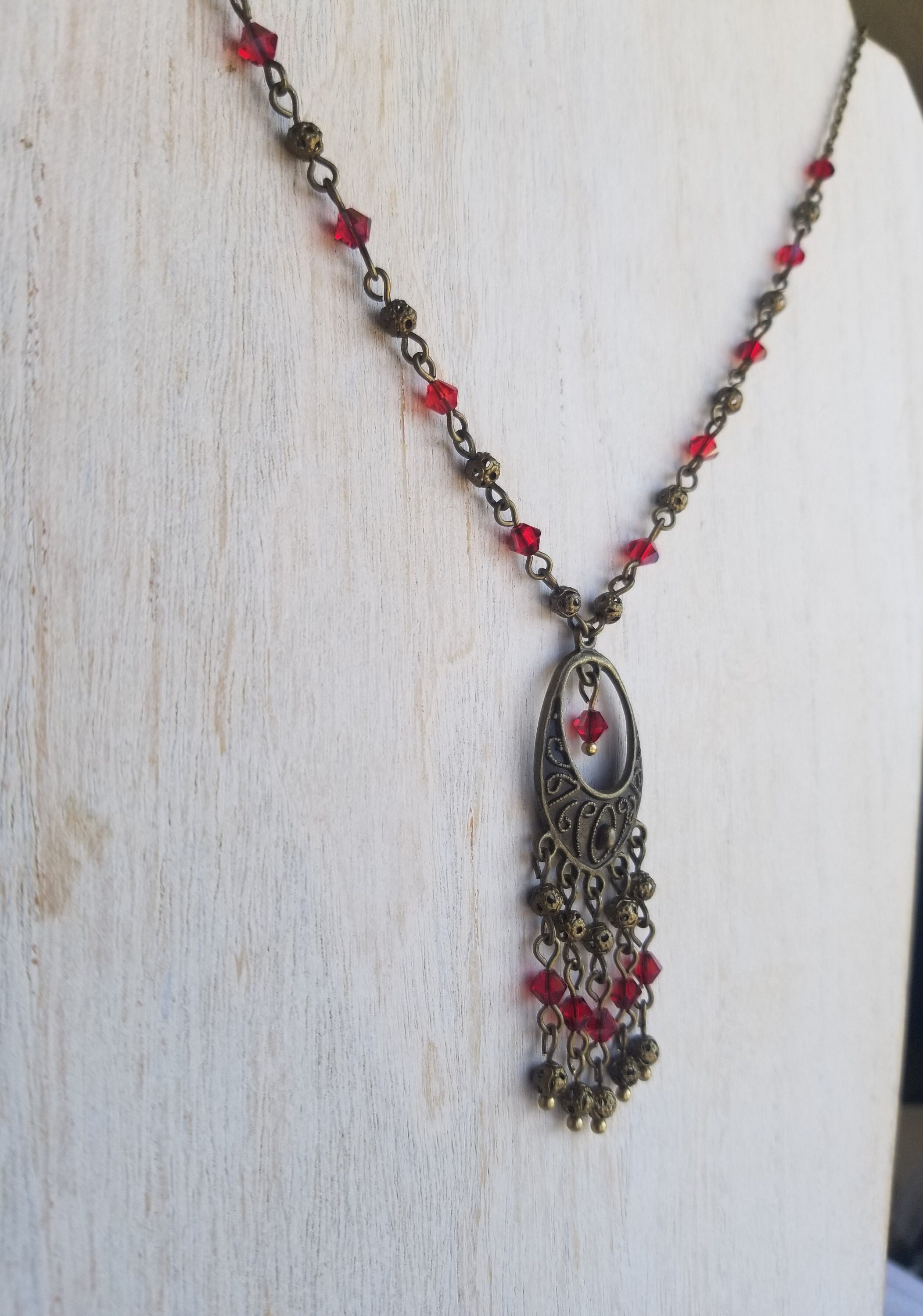 Victorian Style Brass Red Pendant Necklace With Austrian Crystal for ...