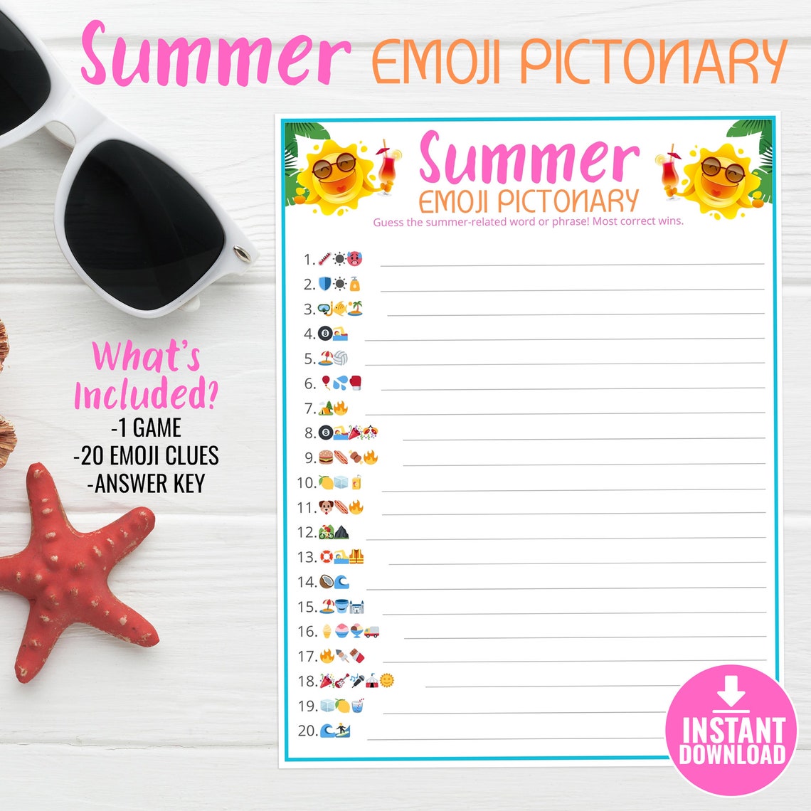 Summer Emoji Pictionary Printable Summer Game Pool Party Fun Emoji Quiz ...