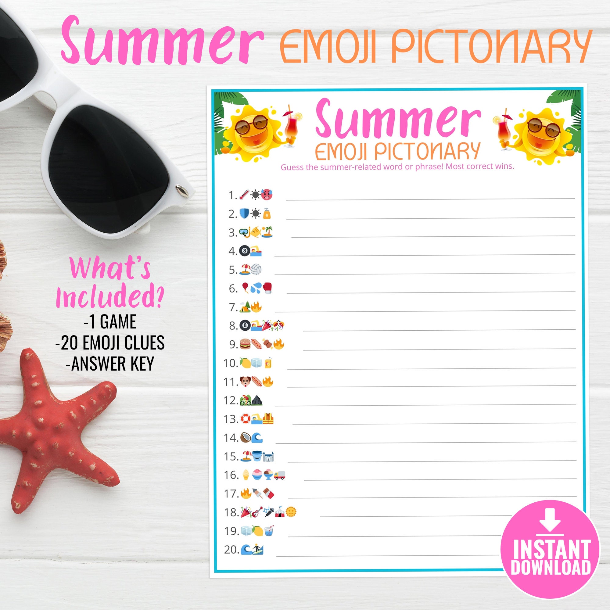 Summer Emoji Pictionary Printable Summer Game Pool Party Fun Emoji Quiz ...