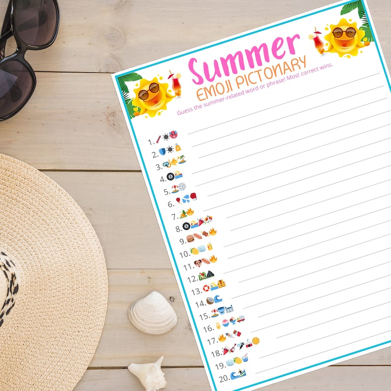 Summer Emoji Pictionary Printable Summer Game Pool Party Fun Emoji Quiz ...