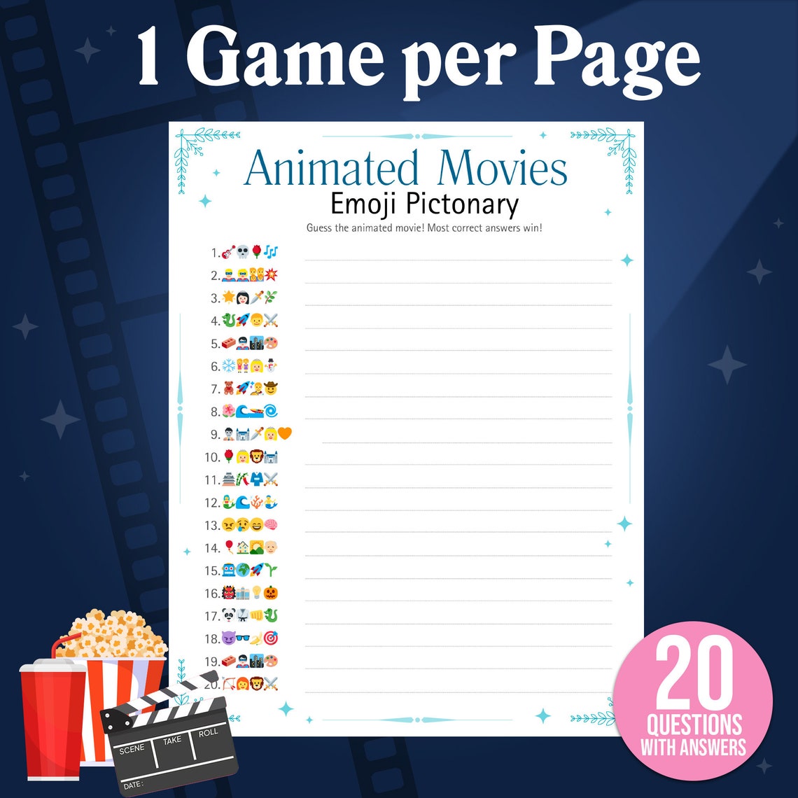 Animated Movie Emoji Pictionary Printable Party Game, Fun Family ...
