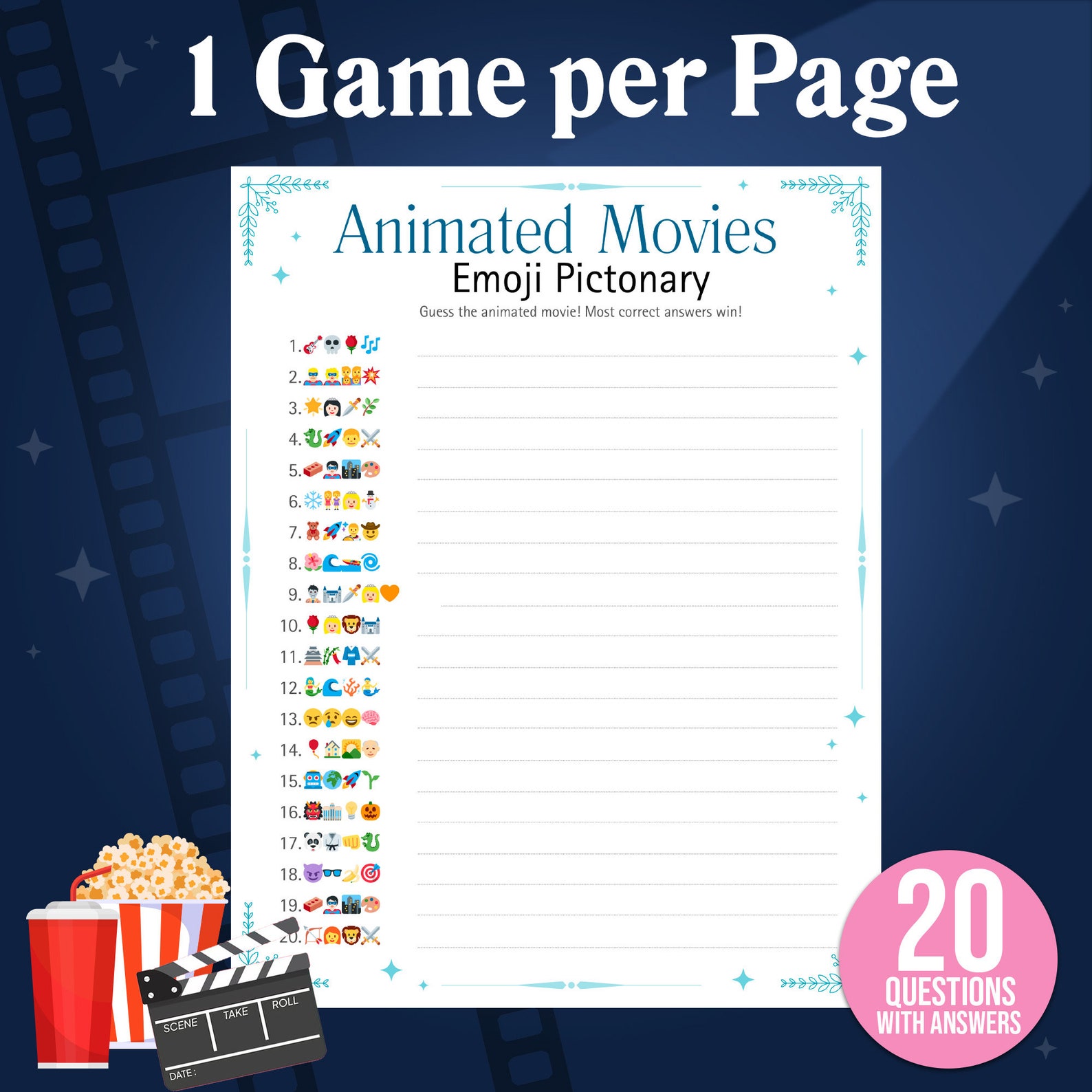 Animated Movie Emoji Pictionary - Printable Party Game, Fun Family ...