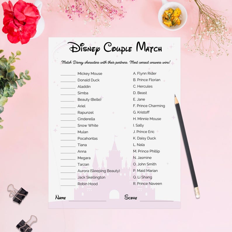 Disney Couples Matching Game – Printable Bridal Shower Game | Match the ...