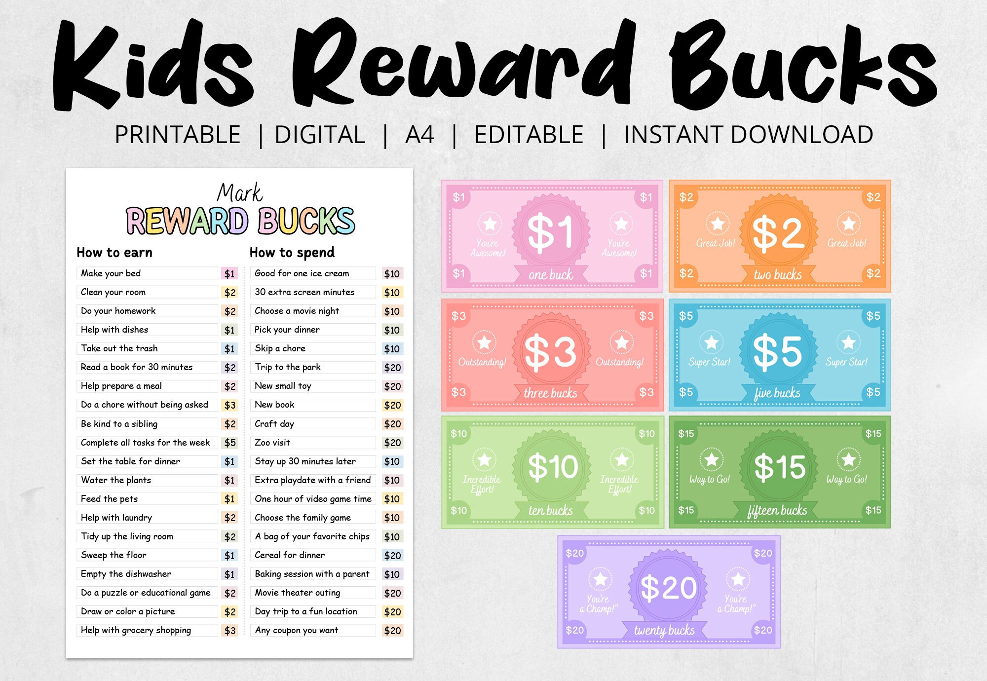 Editable Kids Reward Bucks | Printable Reward System | Chore Chart for ...