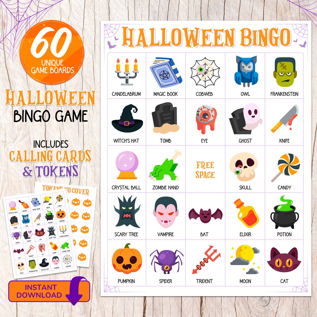 60 tarjetas de bingo de Halloween para niños Juego de bingo de ...