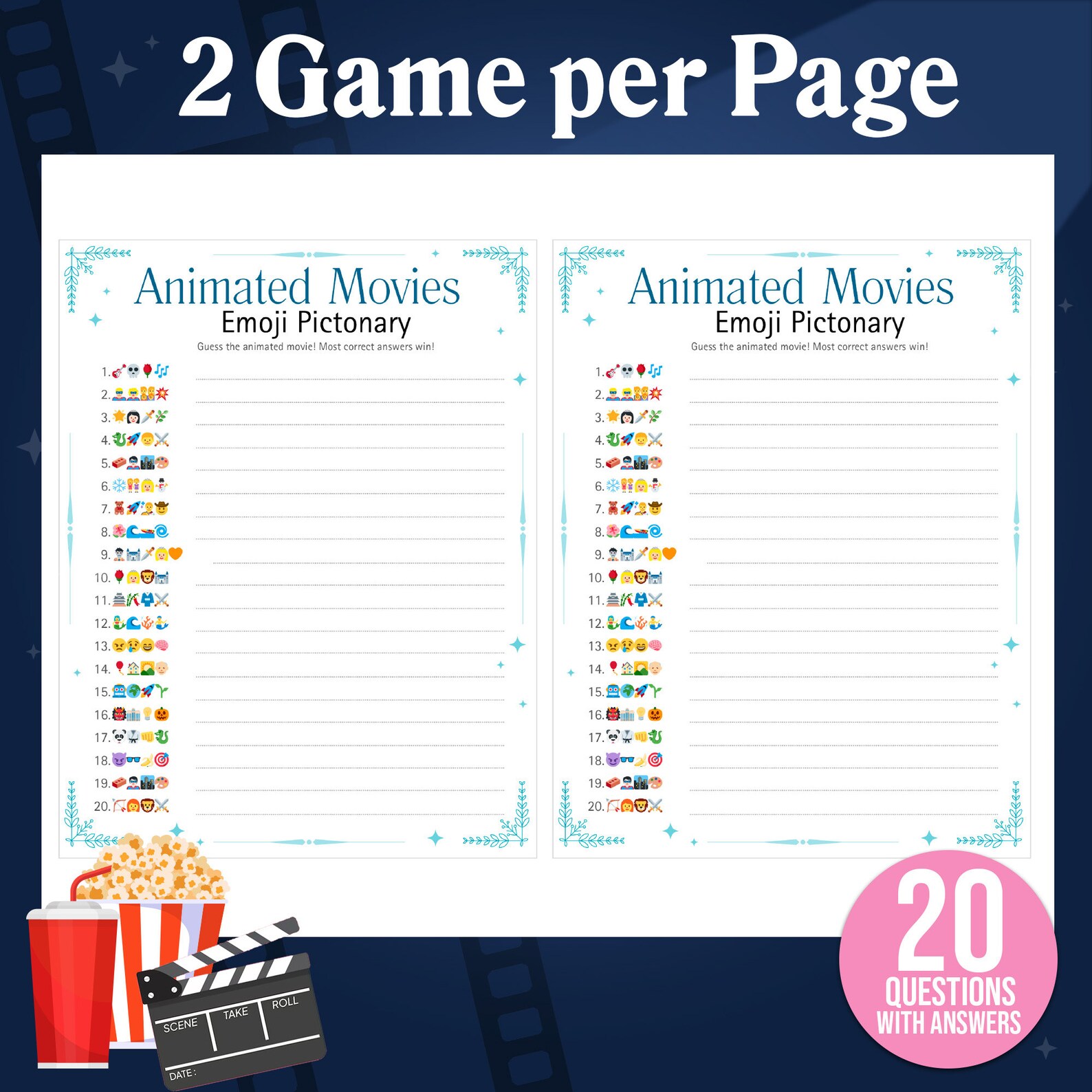 Animated Movie Emoji Pictionary Printable Party Game, Fun Family ...