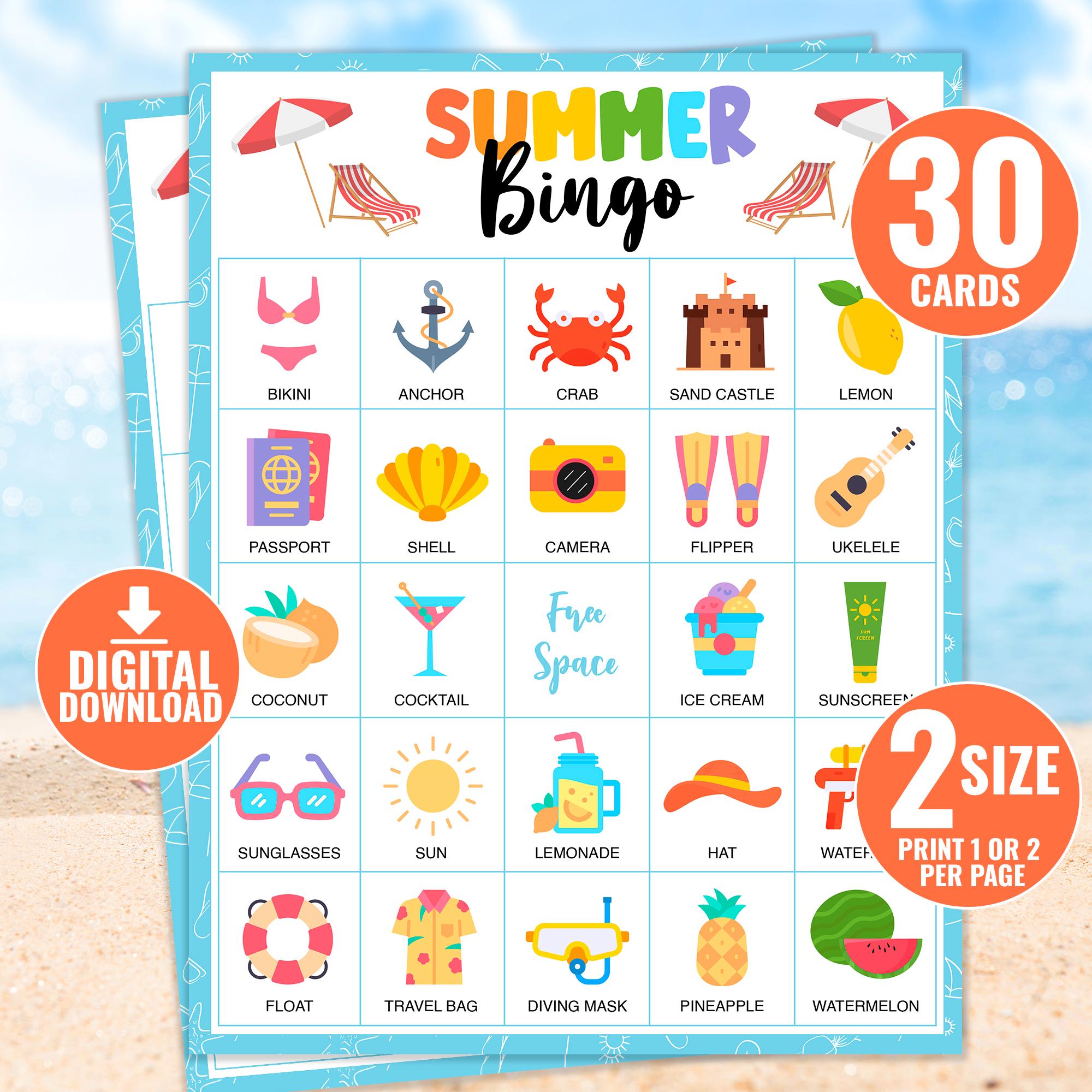 30 Summer Bingo Cards Printable Summer Bingo Game Fun Summer Bingo ...