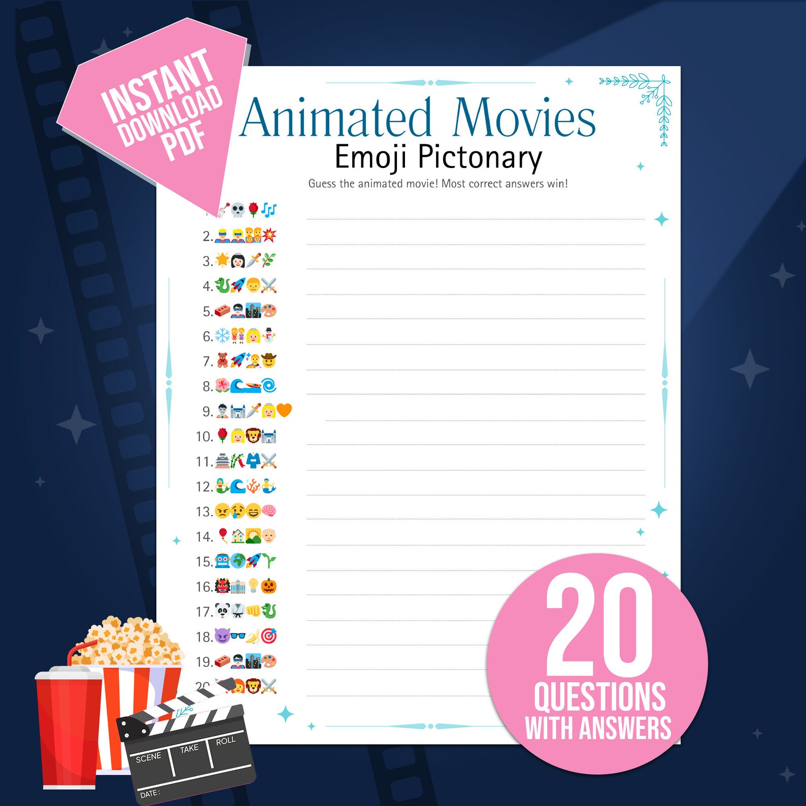 Animated Movie Emoji Pictionary Printable Party Game, Fun Family ...