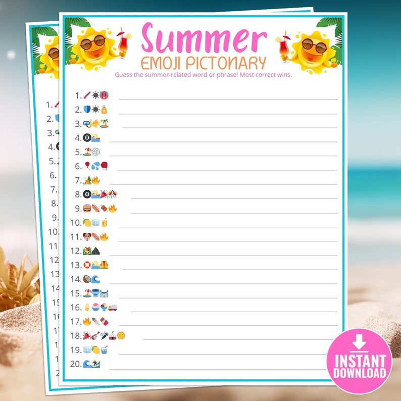 Summer Emoji Pictionary Printable Summer Game Pool Party Fun Emoji Quiz ...