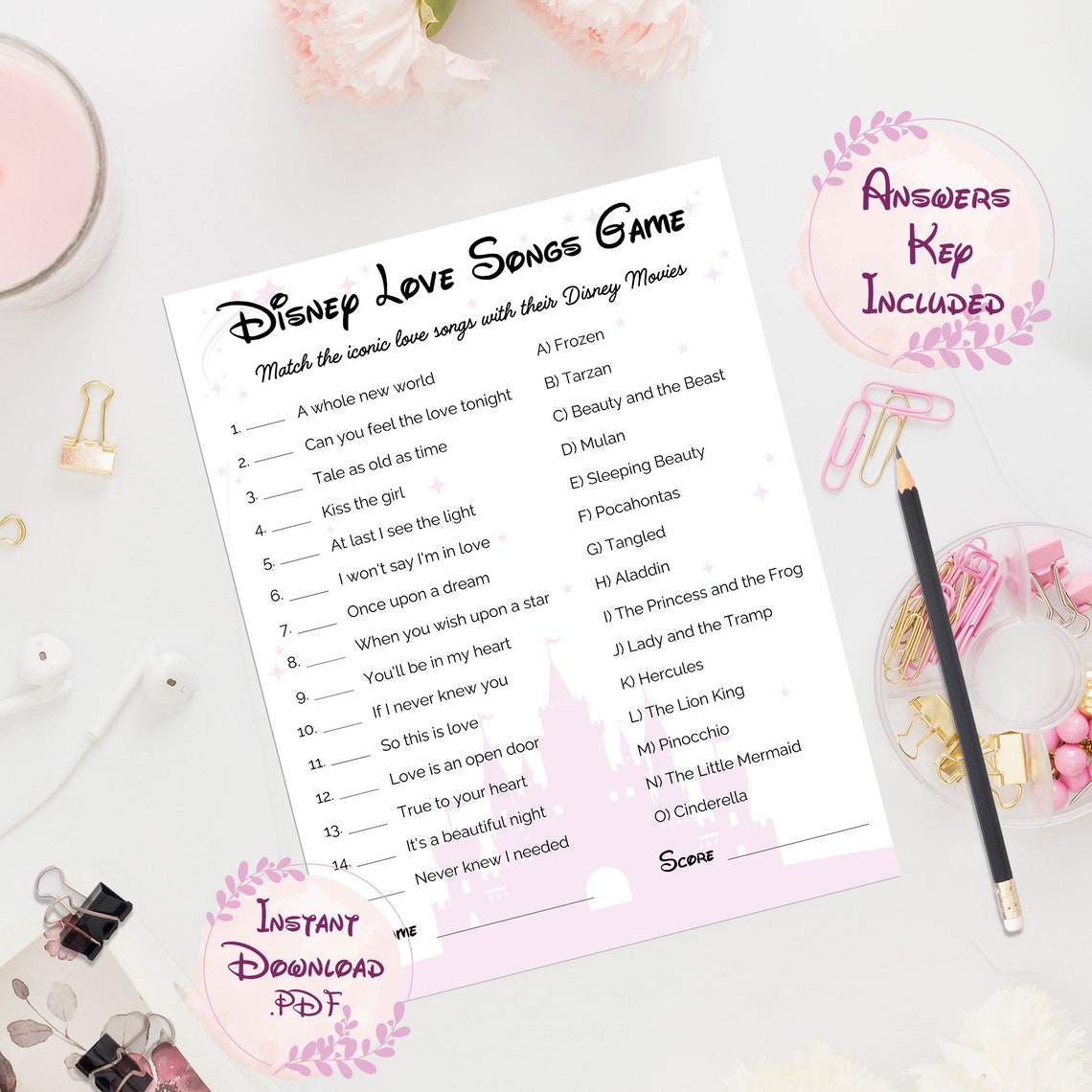 Disney Love Songs Match Game - Name That Love Song Bridal Shower Game ...
