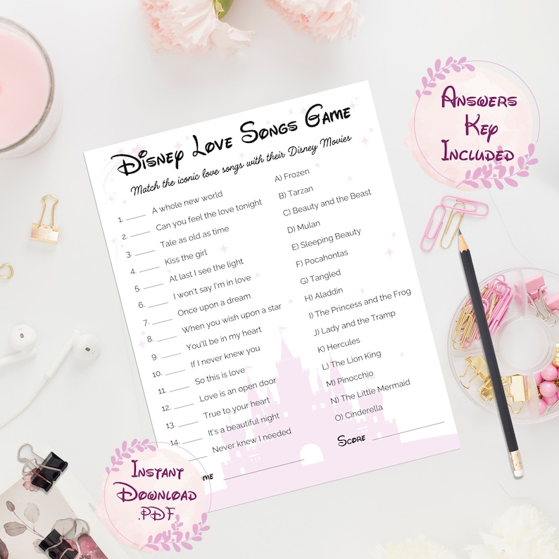 Disney Love Songs Match Game - Name That Love Song Bridal Shower Game ...