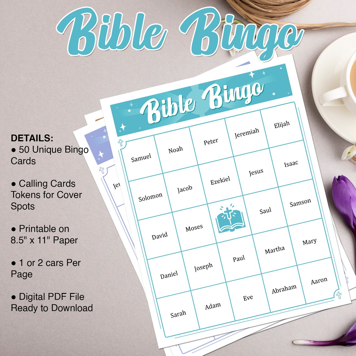 Bible Bingo Printable Game | 50 Cards With Bible Characters | Christian ...