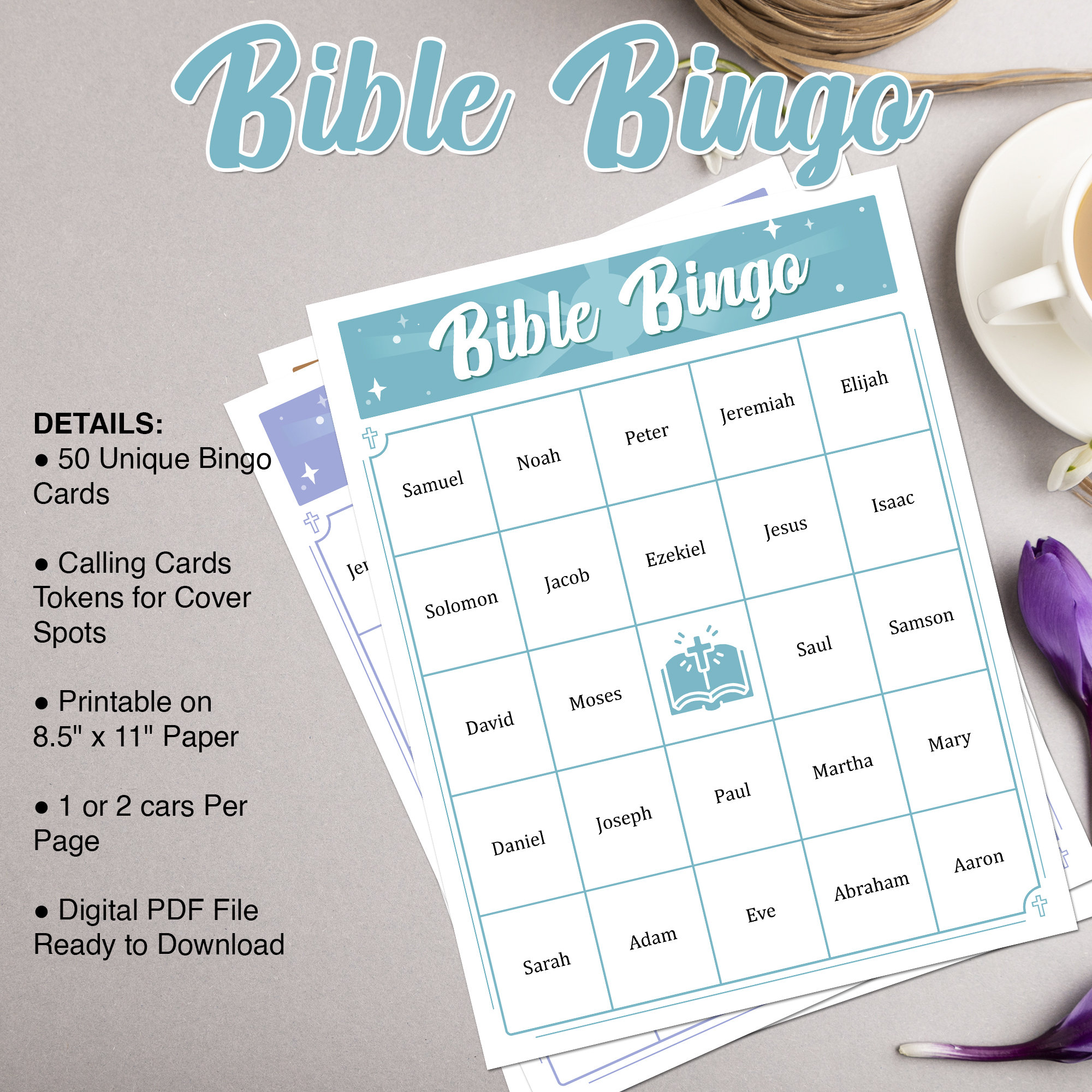 Bible Bingo Printable Game | 50 Cards With Bible Characters | Christian ...