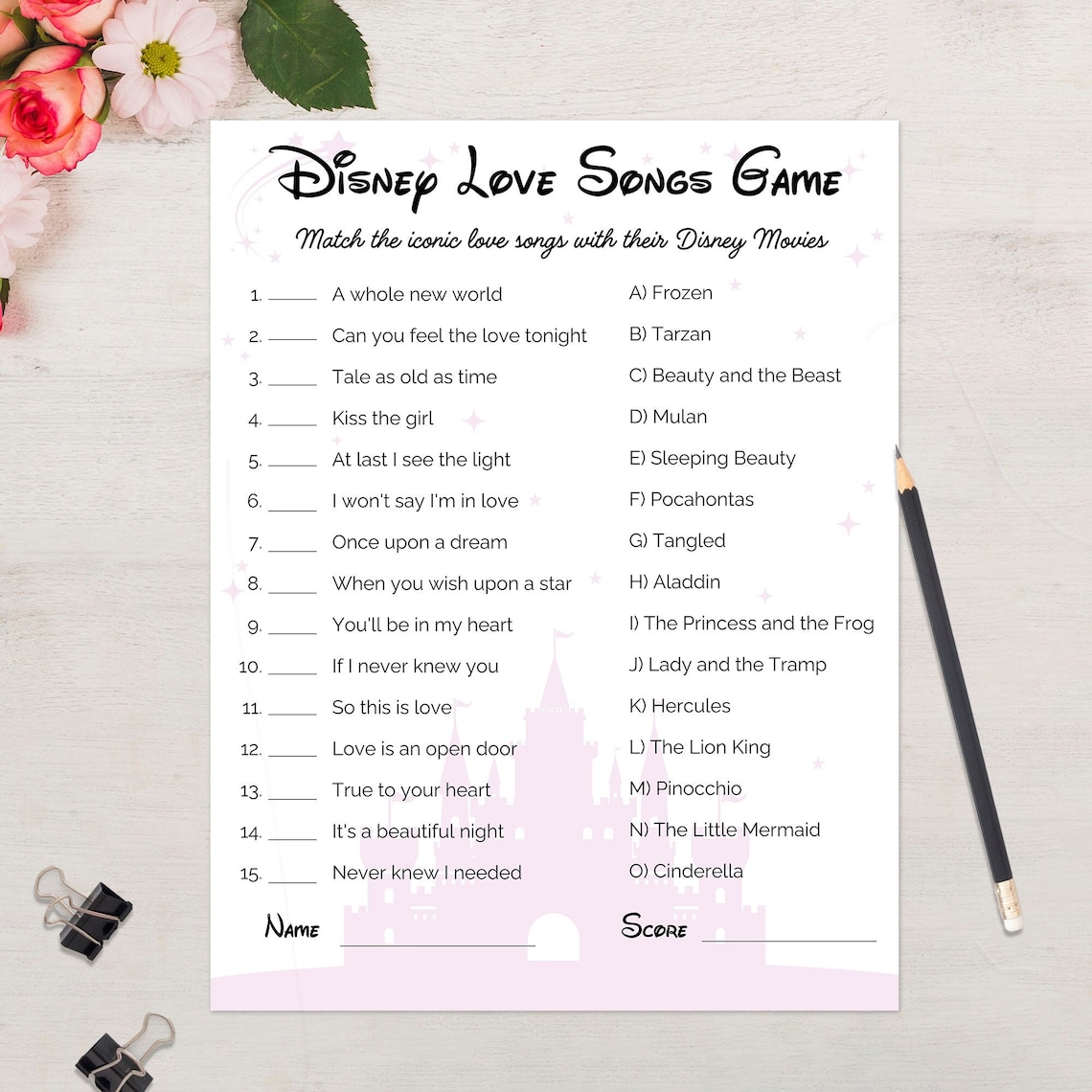 Disney Love Songs Match Game - Name That Love Song Bridal Shower Game ...