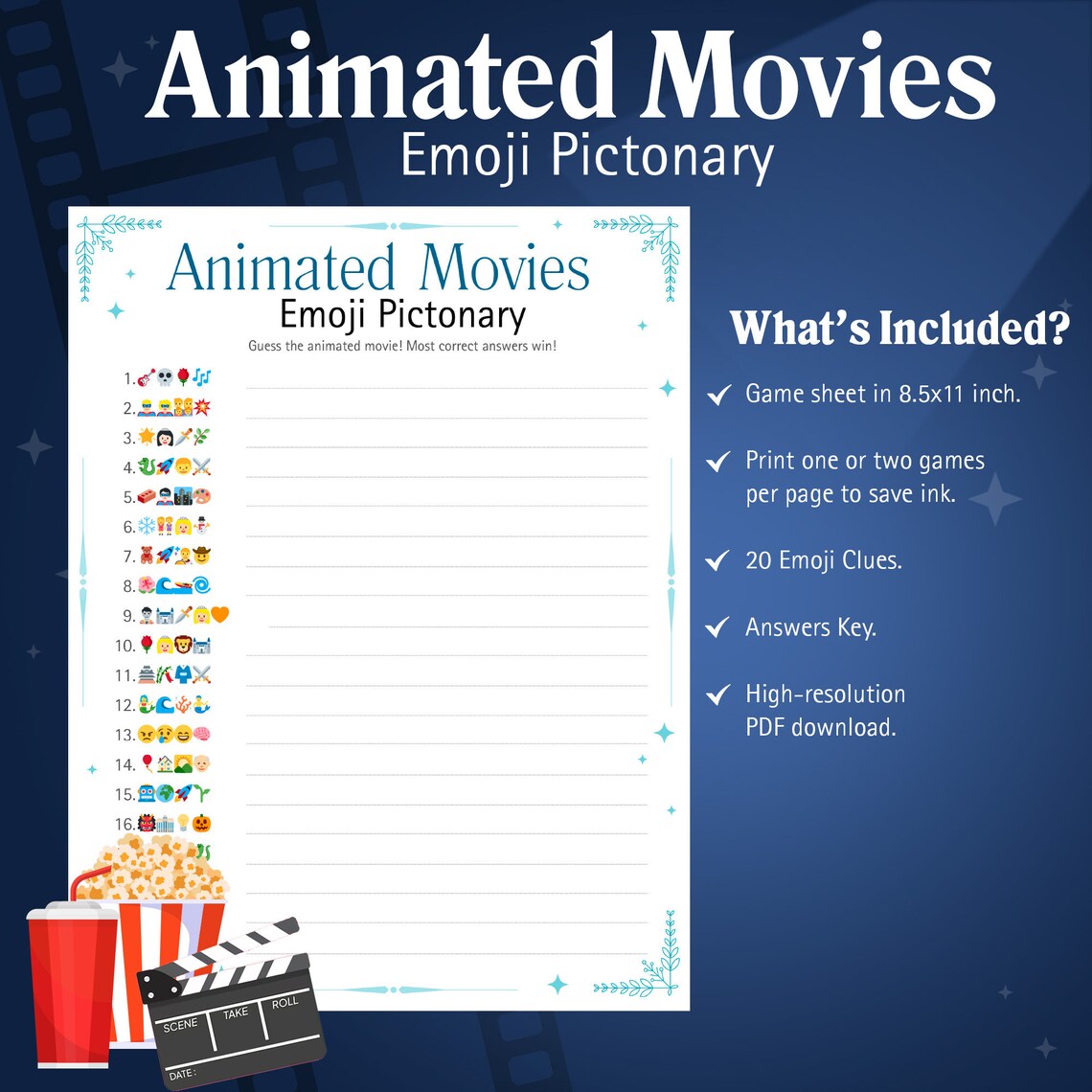 Animated Movie Emoji Pictionary Printable Party Game, Fun Family ...