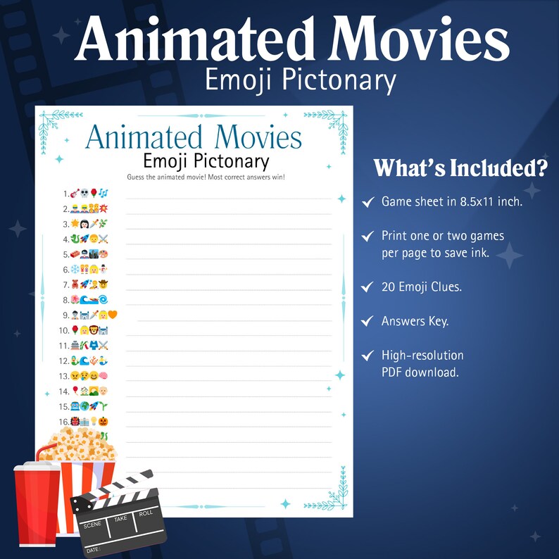 Animated Movie Emoji Pictionary - Printable Party Game, Fun Family ...