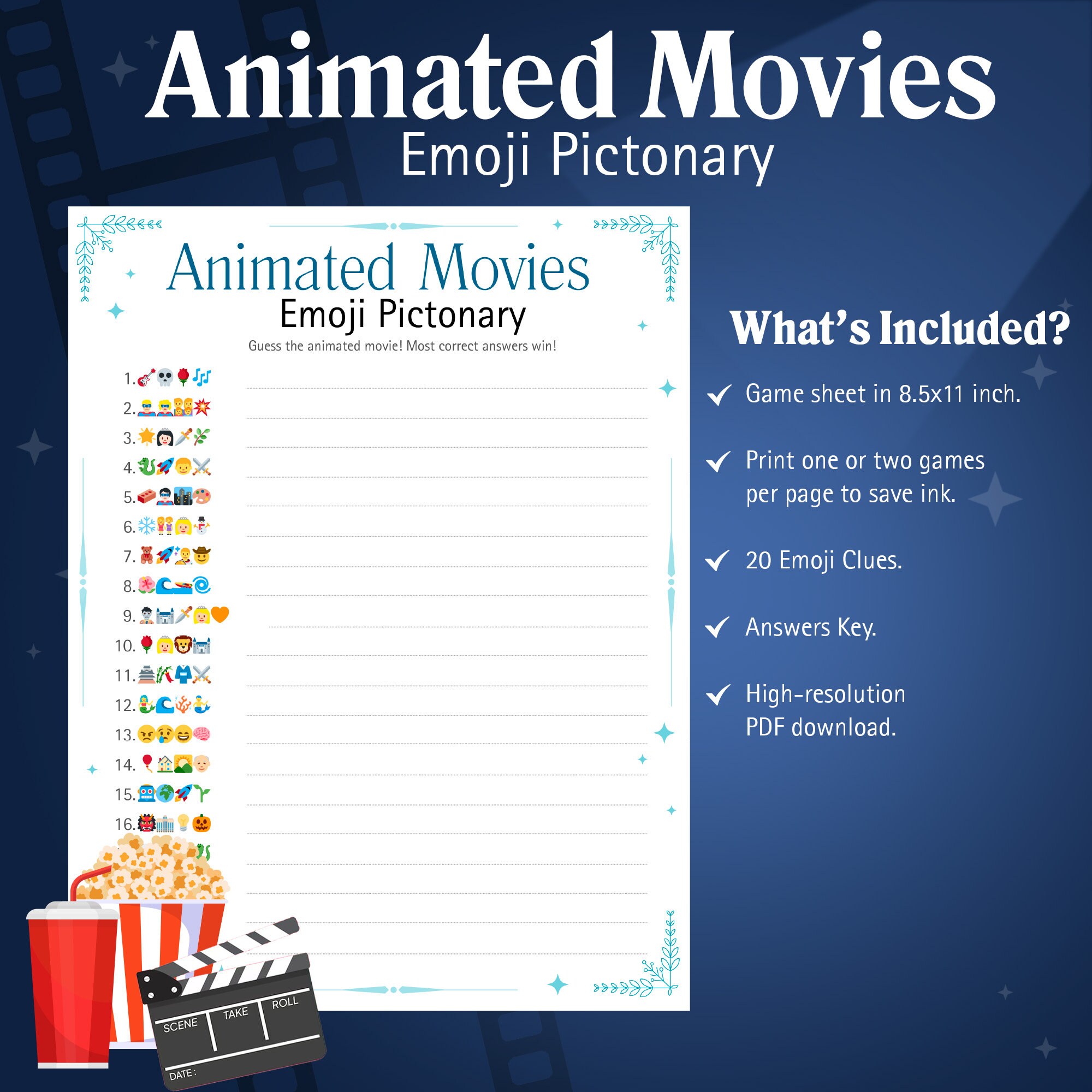 Animated Movie Emoji Pictionary - Printable Party Game, Fun Family ...