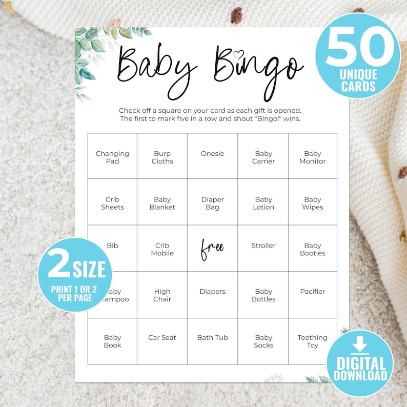 50 Baby Bingo Cards PDF - Baby Shower Game With Tokens & Calling Cards ...