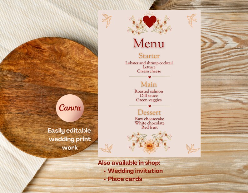 Unique Wedding Menu Card Template Love Spirit INSTANT DOWNLOAD Digital ...