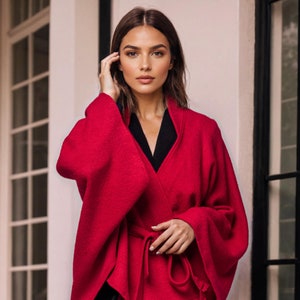 Red Wool Cloak Belted Plus Size Cape Coat Stylish Poncho Jacket, No.1 ...