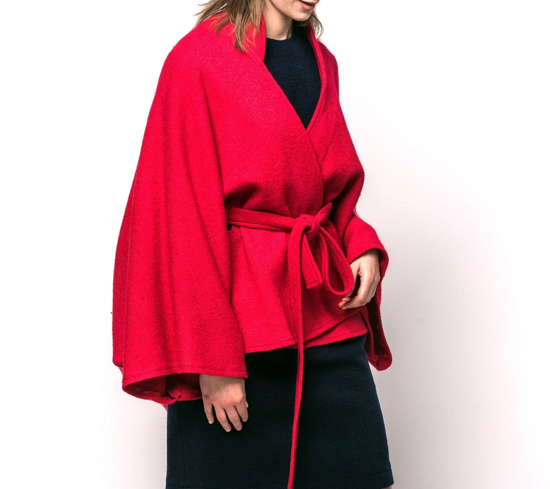 Red Wool Cloak Belted Plus Size Cape Coat Stylish Poncho - Etsy