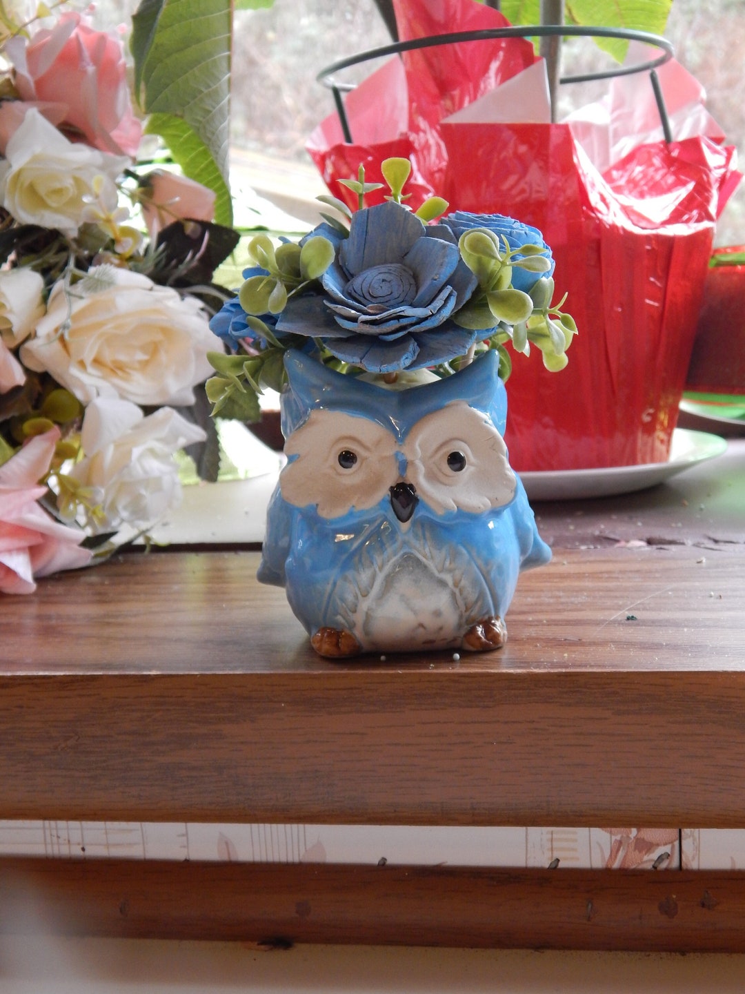 Ceramic Blue Owl Figurine With Flowers - Etsy