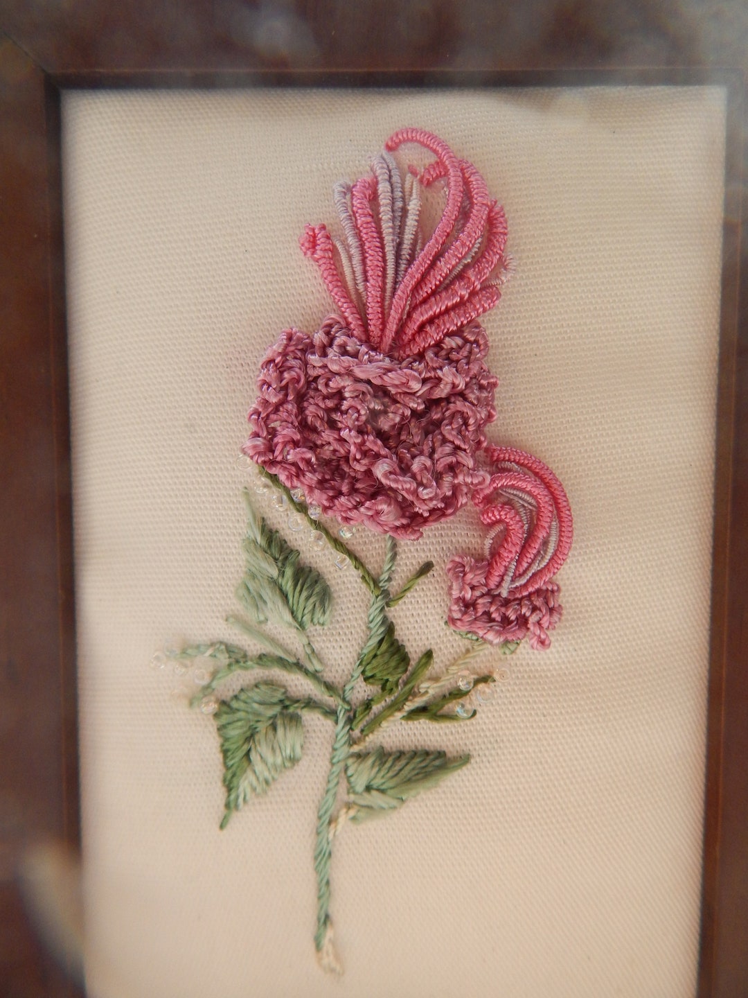 Beaded Hand Embroidery Pink Flower Picture - Etsy