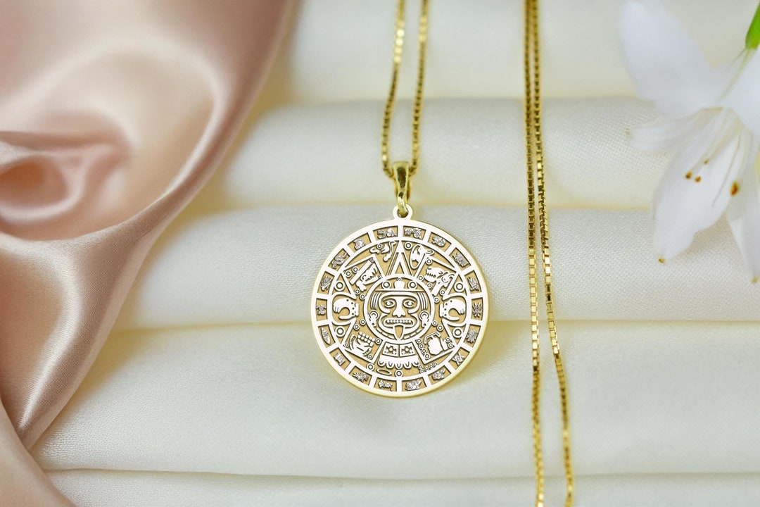 Aztec Calendar Necklace mayan Sun Stone Pendant Sterling Silver /14K ...