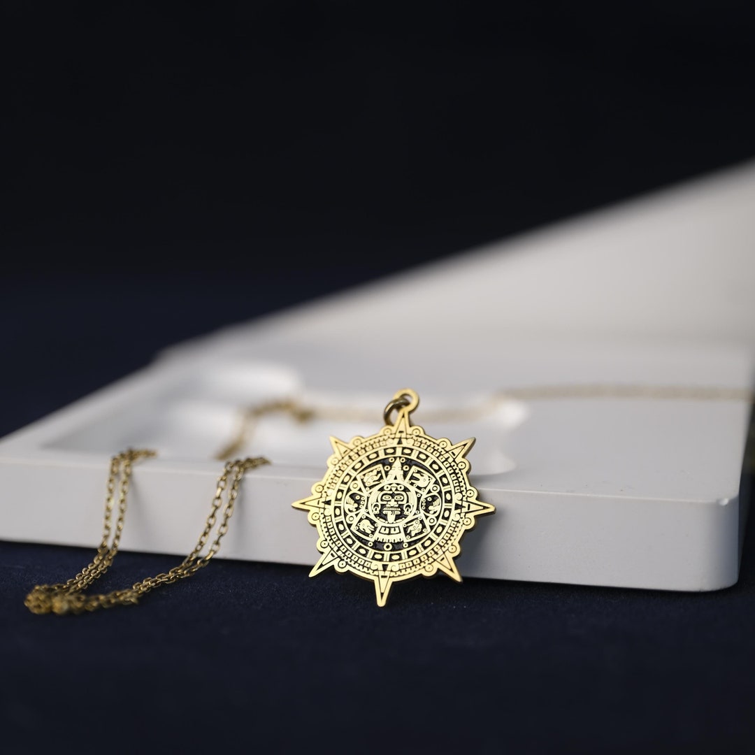 Gold Aztec Calendar Necklace - Ancient Mayan Sun Stone, Aztec Mythology ...