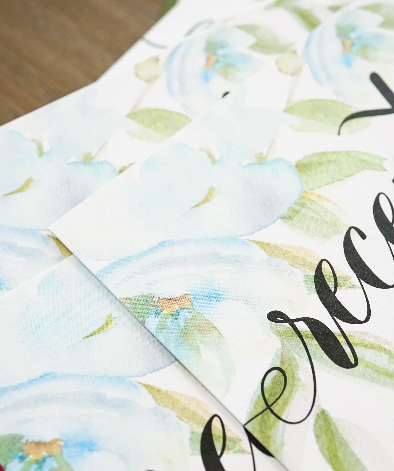 Blue Watercolor Floral & Brush Lettering Wedding Invitations | Etsy