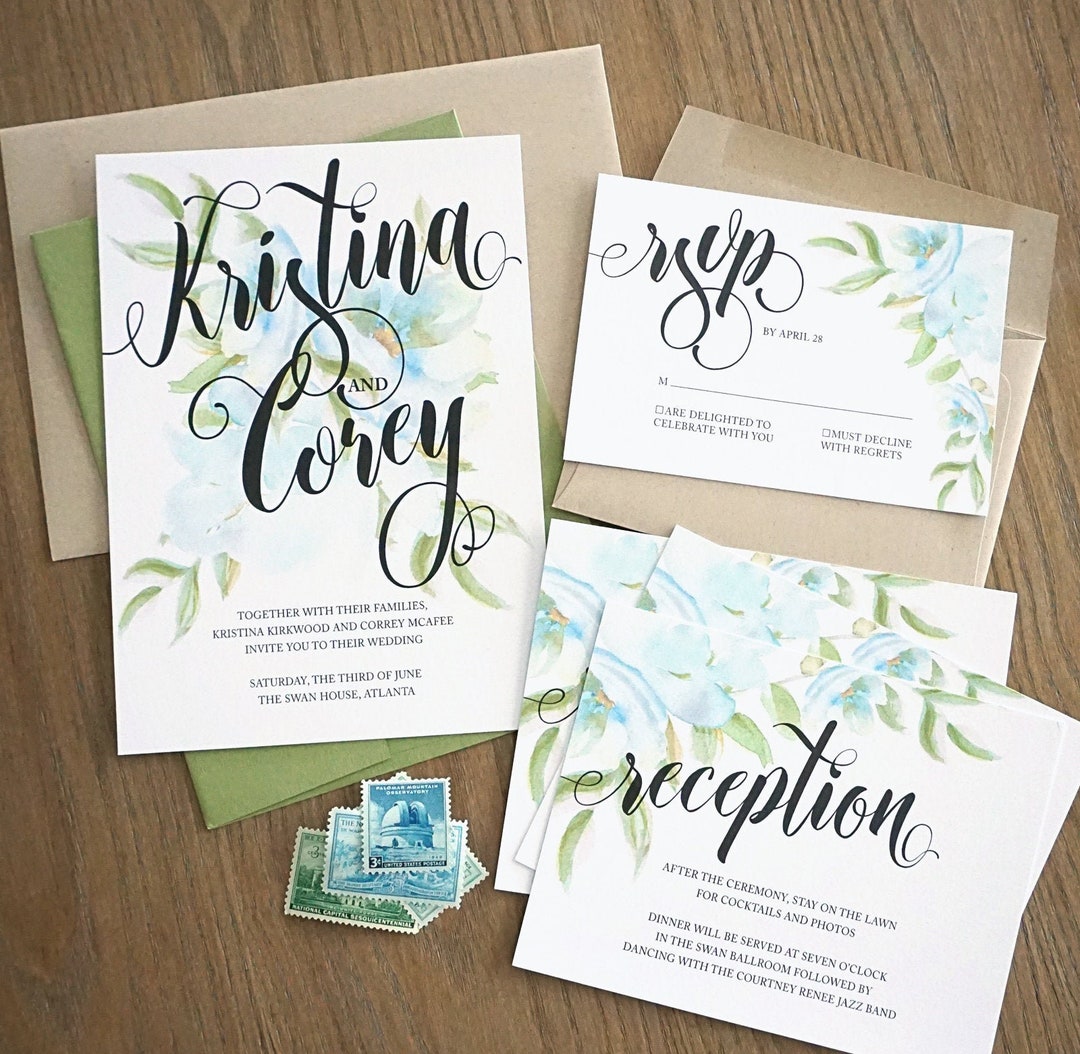 Blue Watercolor Floral & Brush Lettering Wedding Invitations - Etsy