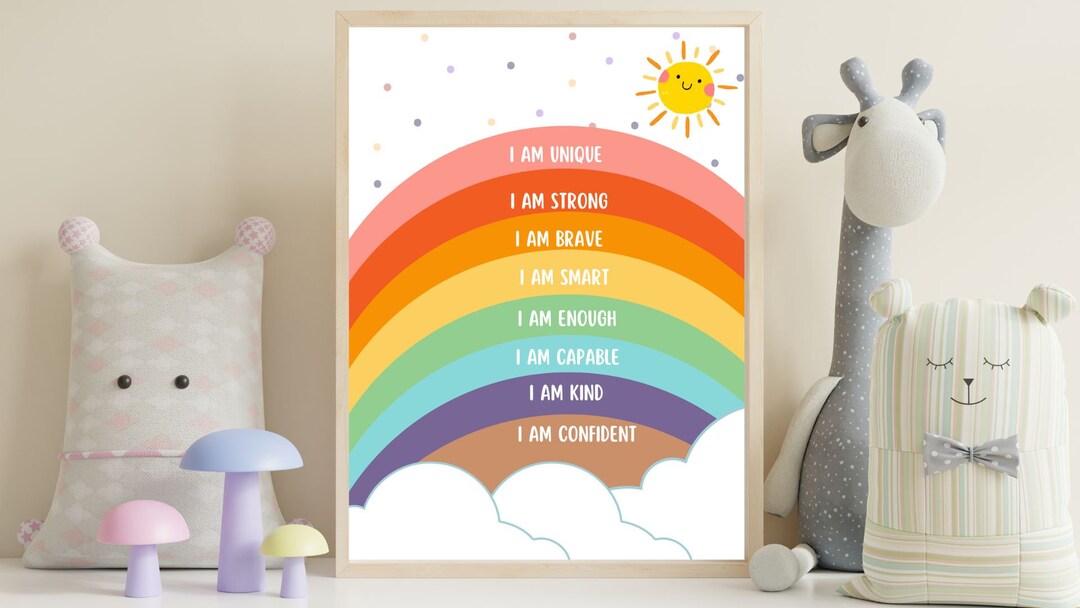 Rainbow Affirmations Wall Art, Affirmations for Kids, I Am Kind Loved ...