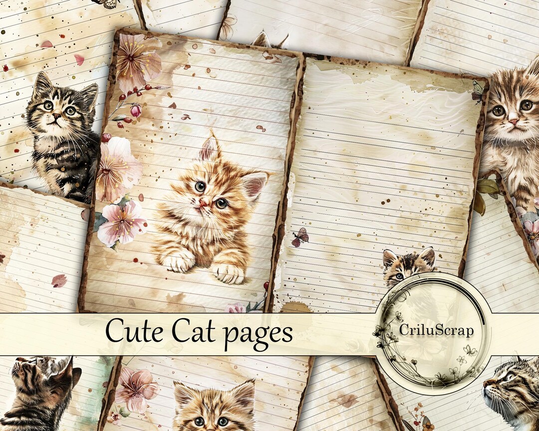 Printable Lined Paper for Cute Stationary Bundle,watercolor Cat Journal ...