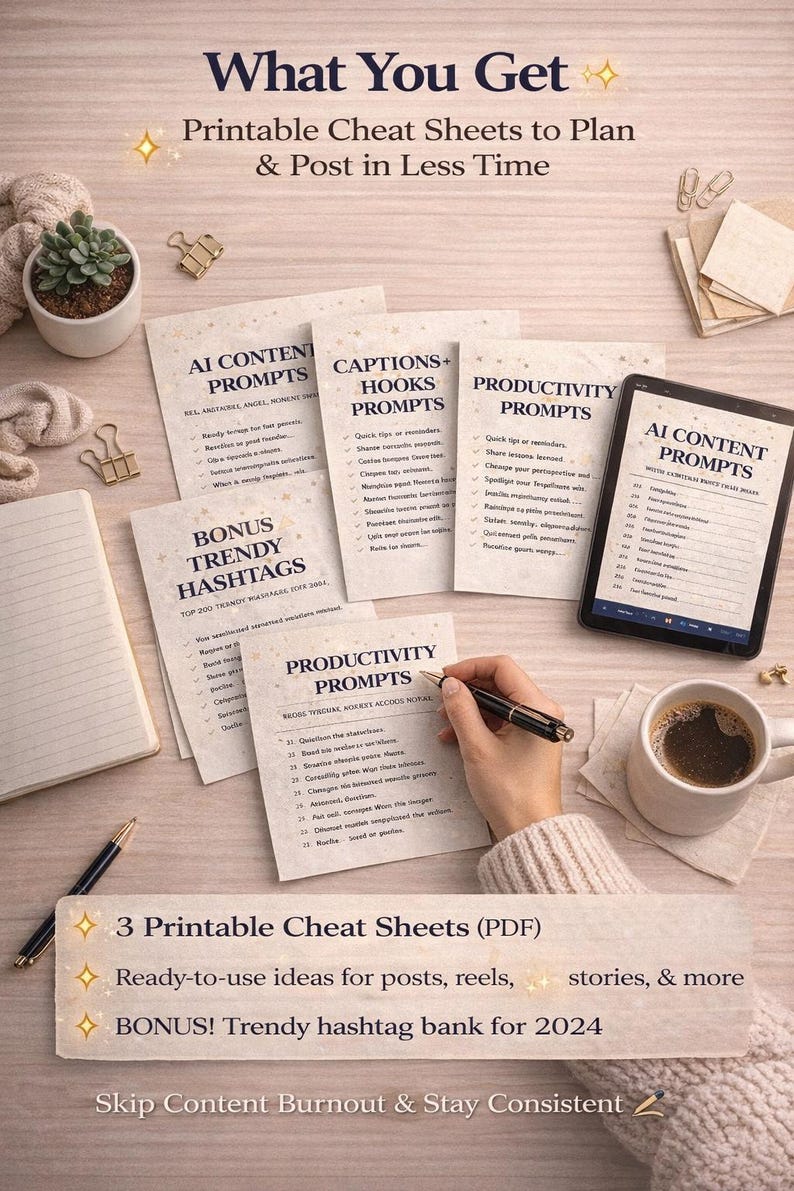AI Content Prompts Cheat Sheets | Printable Productivity Toolkit for ...